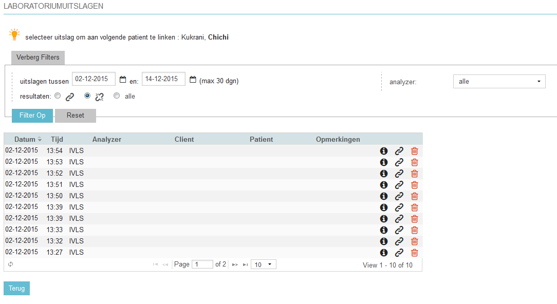 Werklijst – Laboratorium uitslagen – Animana Knowledge Base